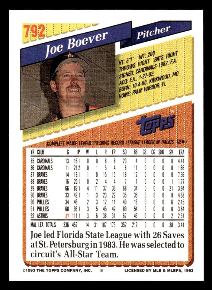 Joe Boever 1993 Topps #792 Houston Astros | eBay