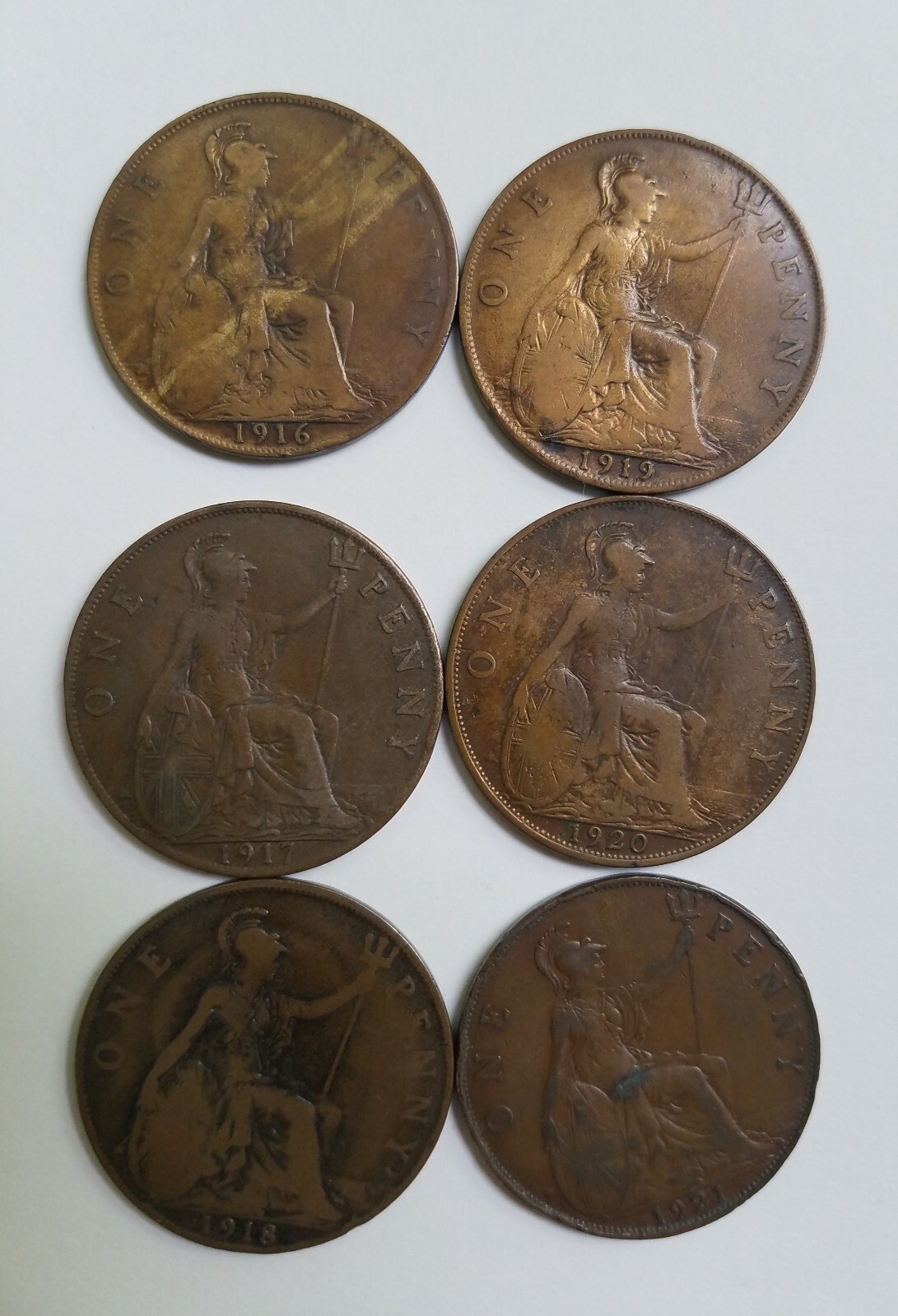 6 Coins! 1916 - 1921 GEORGIVS V DEI GRA BRITT OMN REX FID DEF IND ONE ...