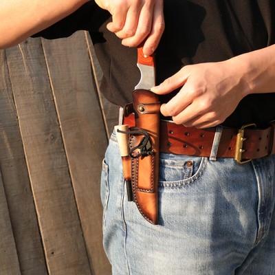 TOURBON 3 Slots Leather Tool Sheath for Knife & Magnesium Rods & Fire ...
