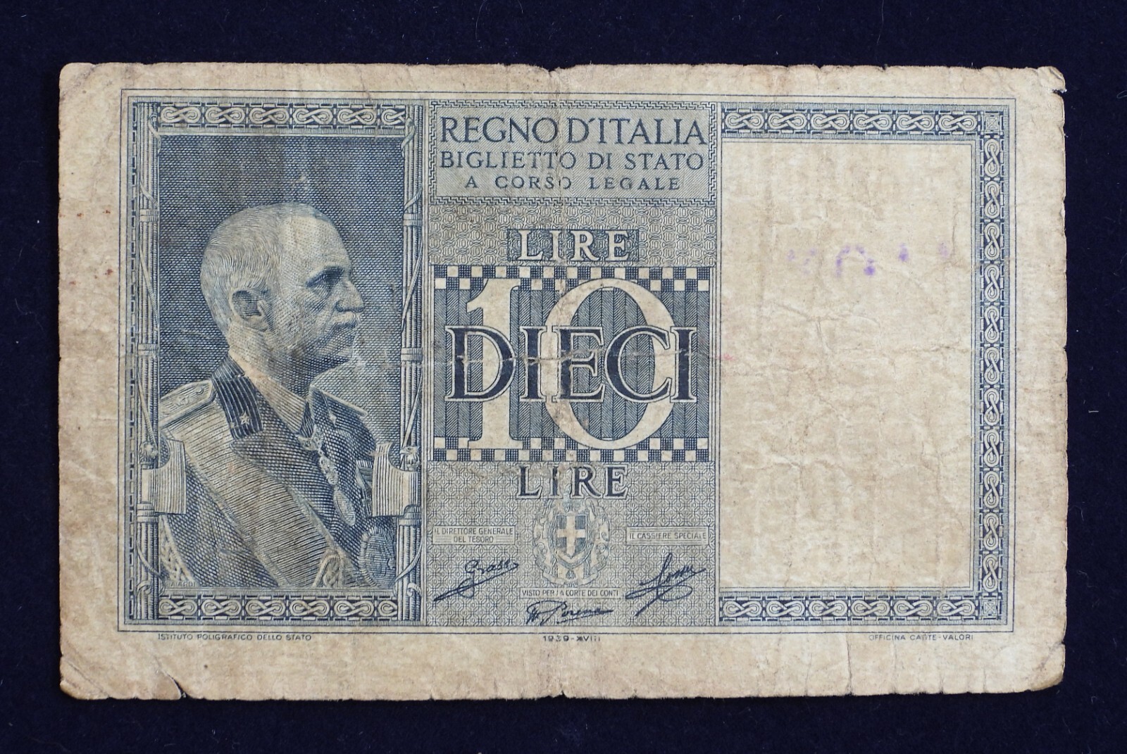 1939 Italy 10 Lire Banknote Catalogue # P25c P25 VG Very Good ...