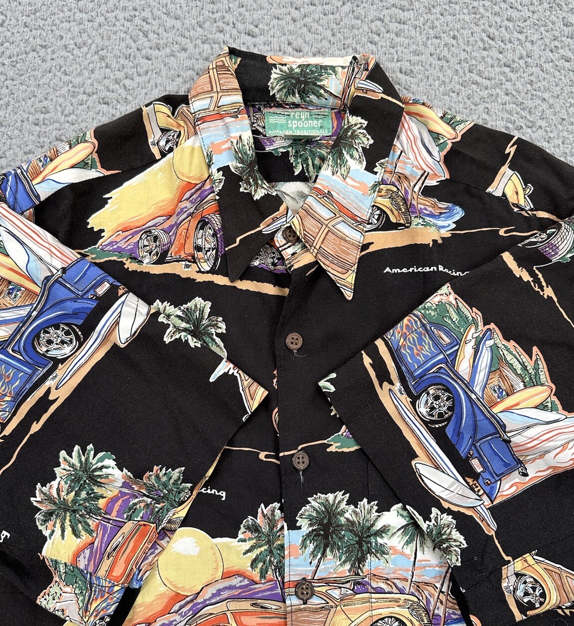 Reyn Spooner American Racing Hawaiian Shirt Mens Medium Rayon Car Hot ...