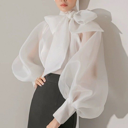 Women's Organza Bow Lace Puff Sleeve Tops Shirt Blouse See-through Gown Pullover | eBay