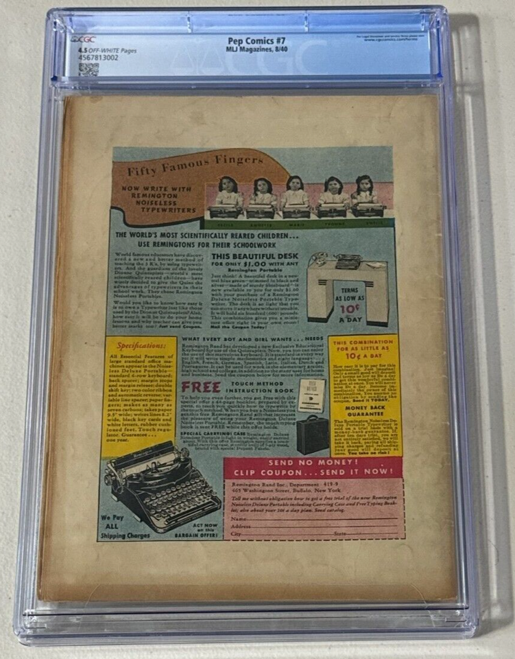 1940 MLJ Magazines PEP COMICS #7 CGC 4.5 OW CLASSIC SHIELD BONDAGE ...
