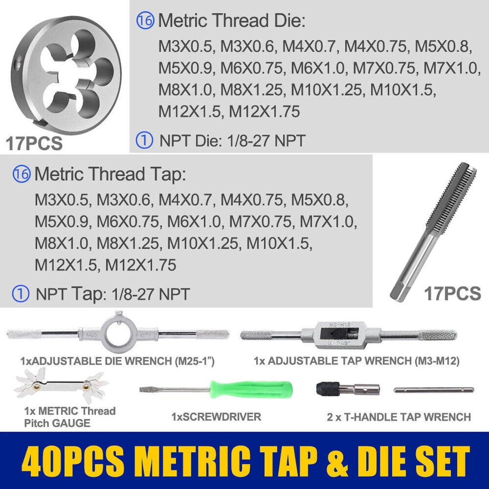 40 Piece Metric Tap and Die Set M3 to M12 Threading Tool Set for ...