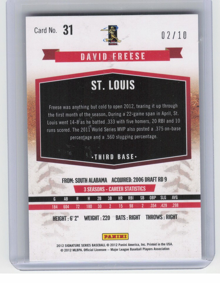 2012 Panini Signature Series #31 David Freese Proof Gold #/10 | eBay