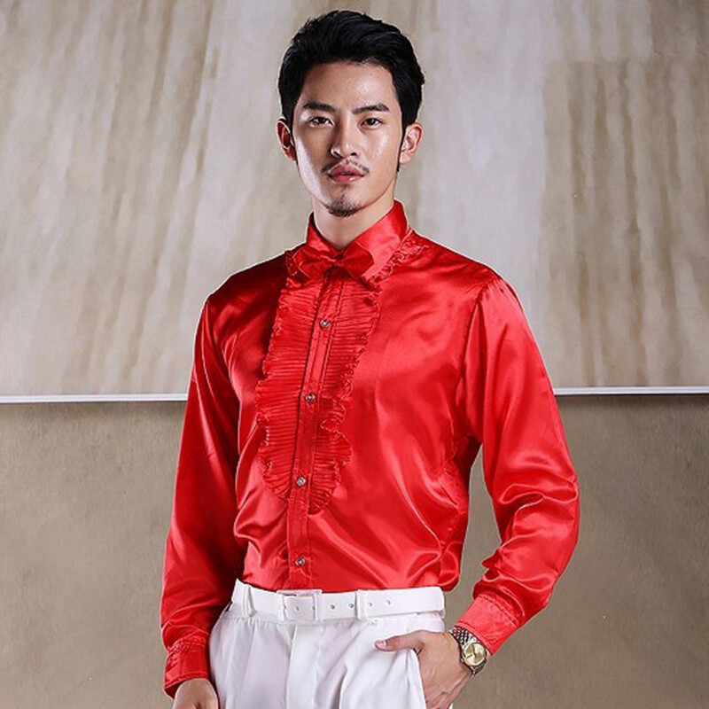 Men Long Sleeve Top Ruffle Pleated Front Shirt Wet-Look Frill Top Shiny ...