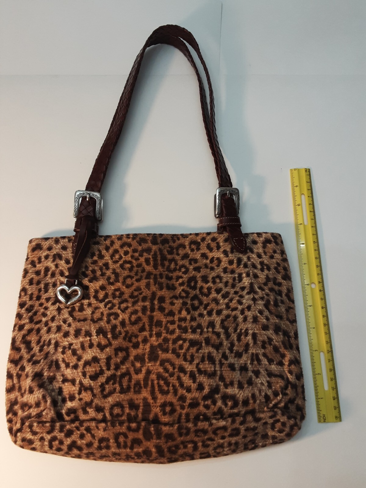 Brighton Leopard Print Shoulder Bag Purse Braided Leather Straps Heart ...