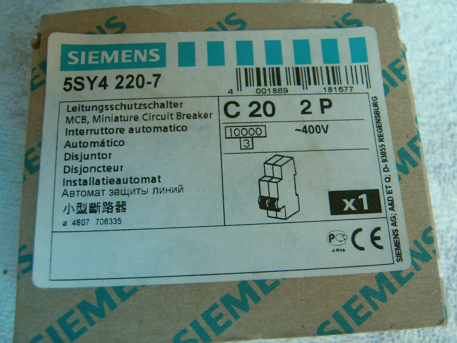 Siemens 5SY4 220-7 MCB Miniature Circuit Breaker 20AMP 2-POLE 400VAC ...