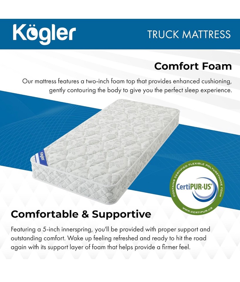 Kogler 7" thick White Semi Truck Mattress 39''X80'' - Fits all models ...