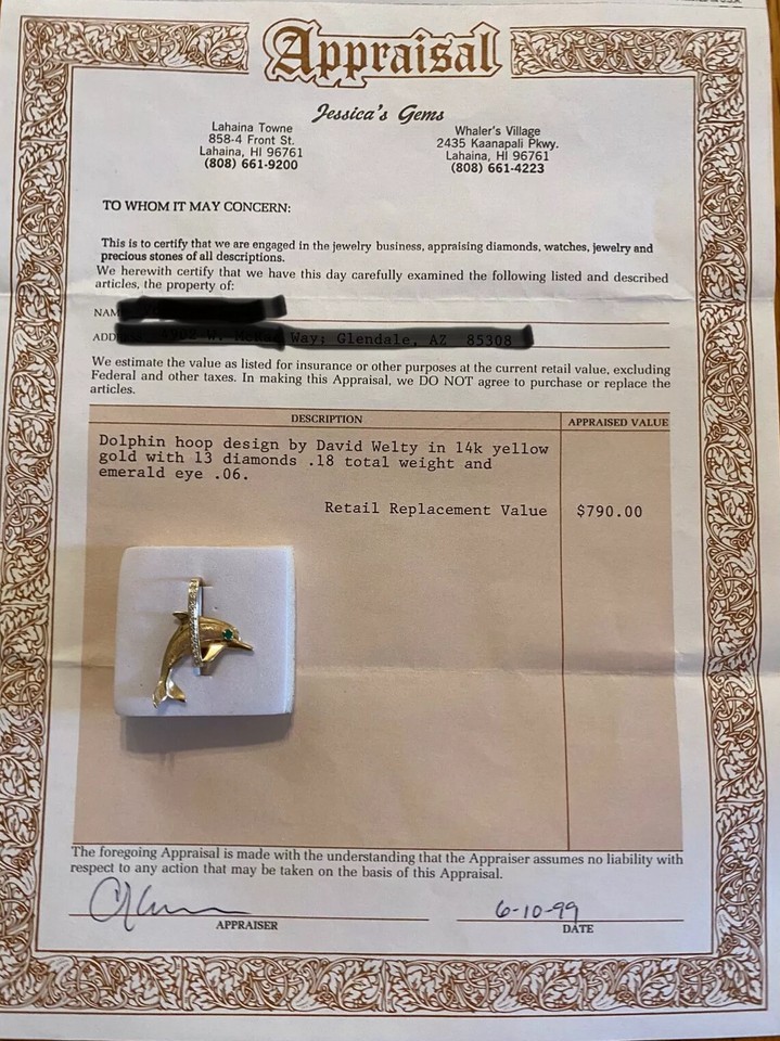 14k Yellow Gold DAVID WELTY Emerald Eye and Diamond Dolphin Pendant ...