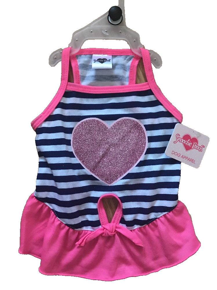 SMOOCHIE POOCH Navy & White Stripe GLITTER HEART Summer Dress Puppy/Dog ...