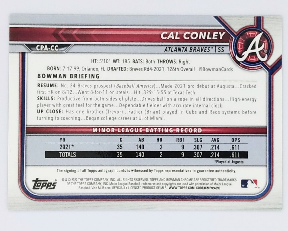 CAL CONLEY 2022 Bowman Chrome CPA-CC PROSPECT SPECKLE REFRACTOR AUTO ...