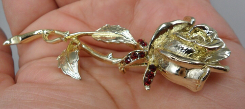 Gerry's Flower Brooch Long Stem Tea Rose Garnet Red Rhinestones Love ...
