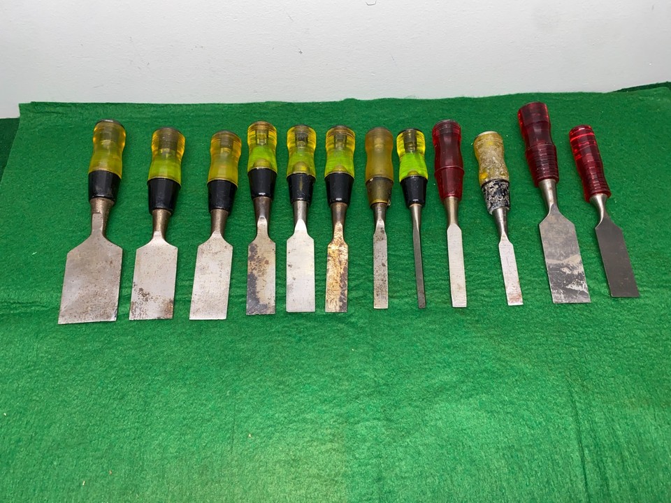(12) Vtg Wood Chisels Stanley No. 60 + Pro, Millers Falls No. 30 + 1430 ...