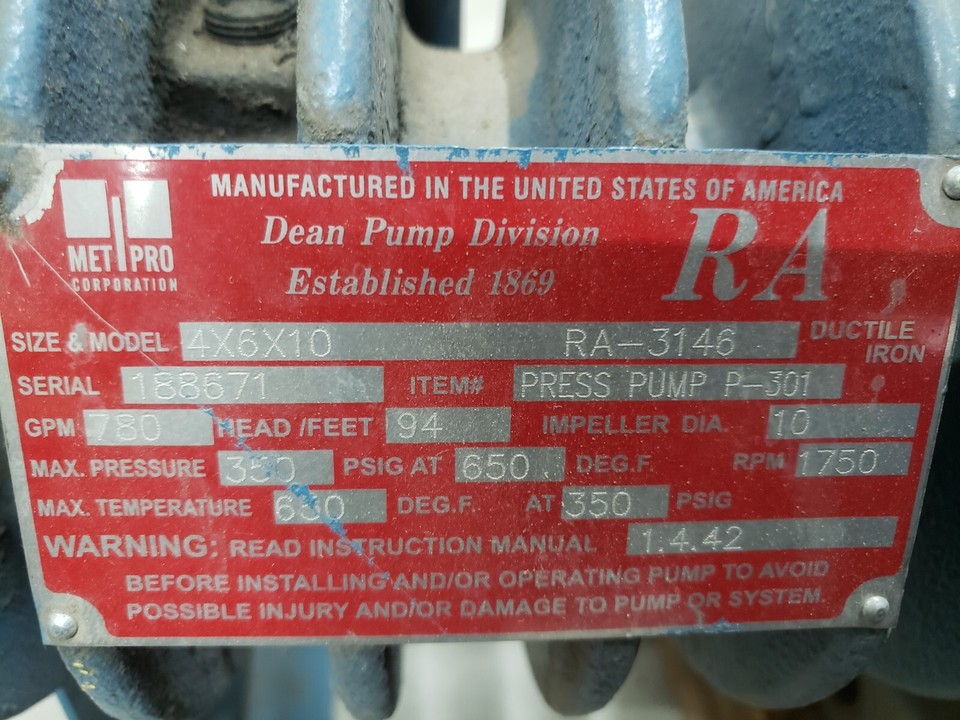 Met Pro DEAN Pump Head 4X6X10 RA-3146 Hot Oil Pump 350PSI 650Deg ...
