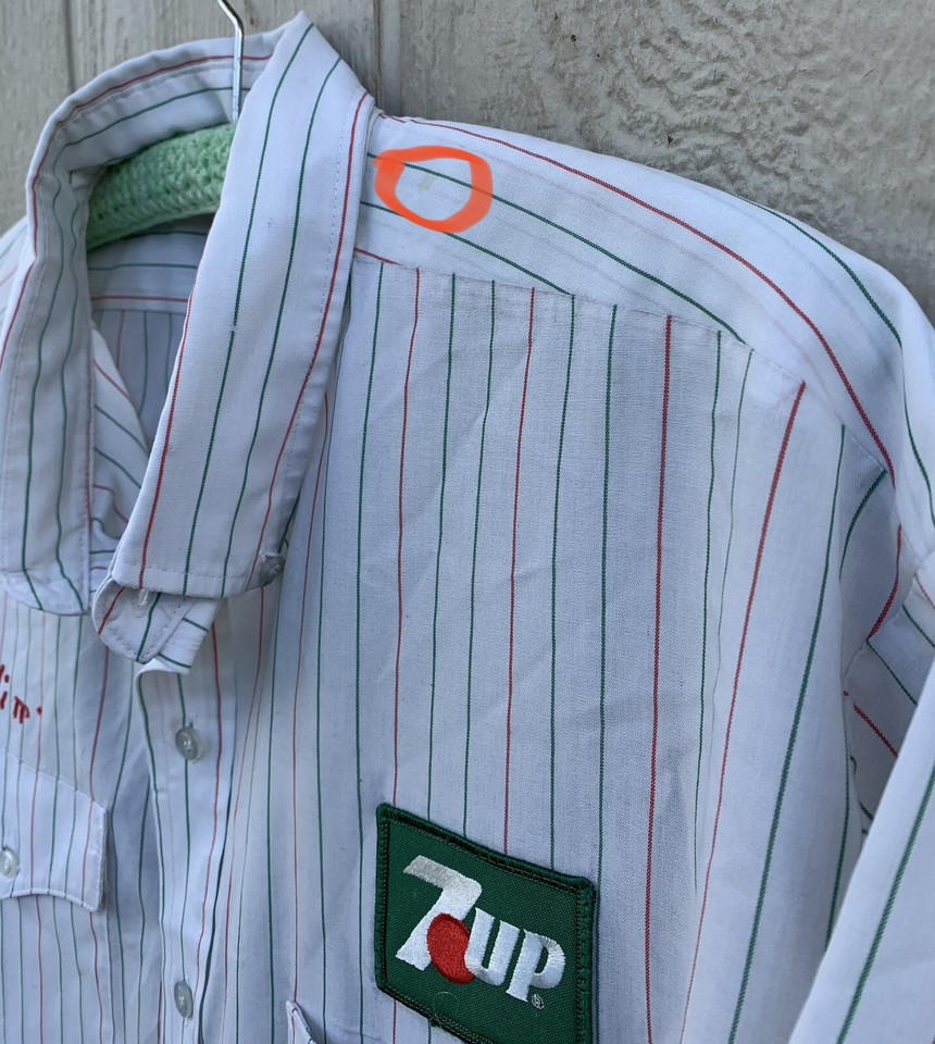 vintage 7up shirt striped work shirt embroidered patches 7 up Size XL ...