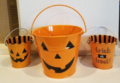 LOT OF 3 HALLOWEEN BUCKETS 1 LARGE 2 SMALL PUMPKIN FALL CANDY DECOR ...