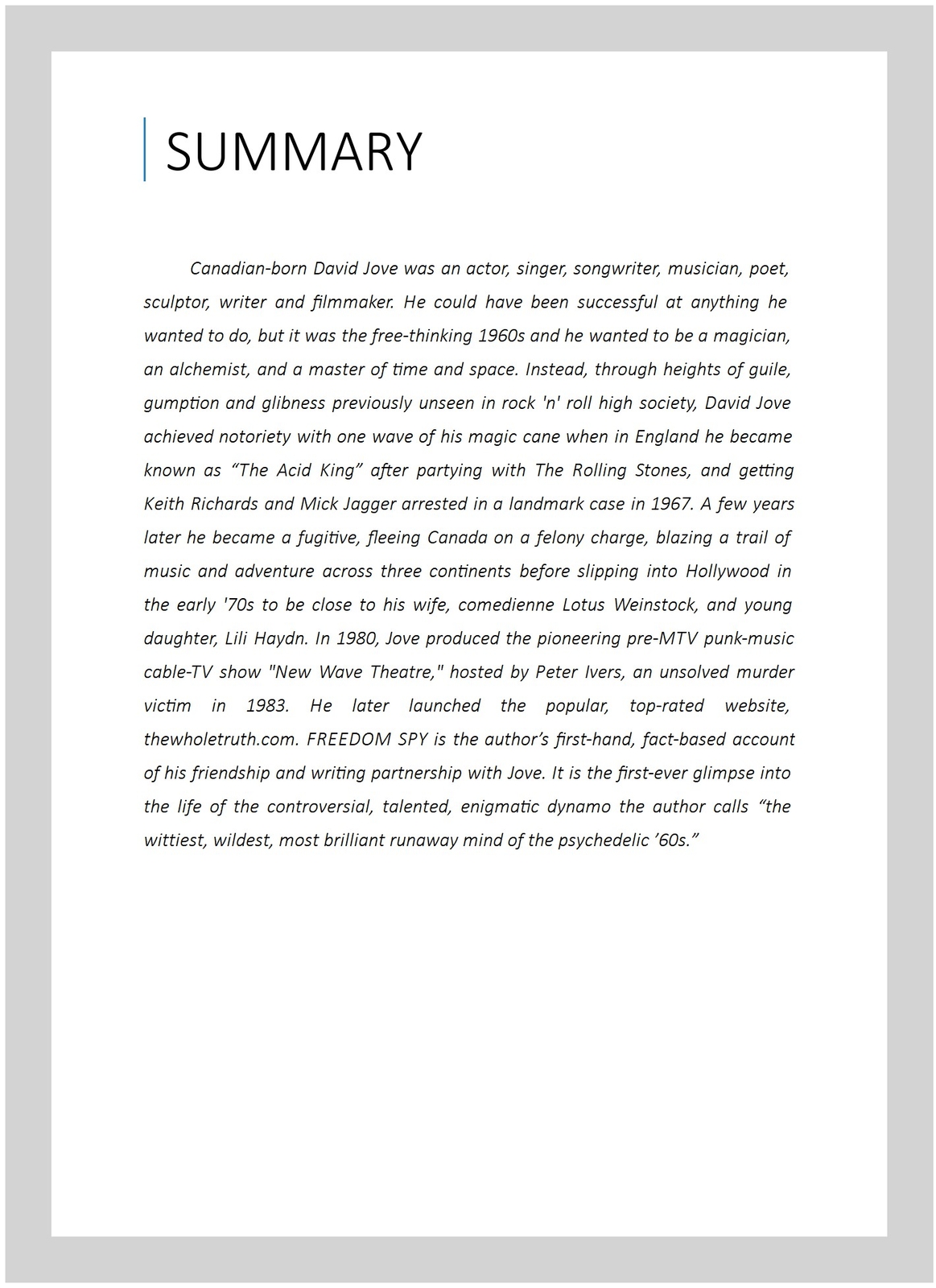 Freedom Spy : David Jove and the Meaning of Existence by Ed Ochs (2012 ...