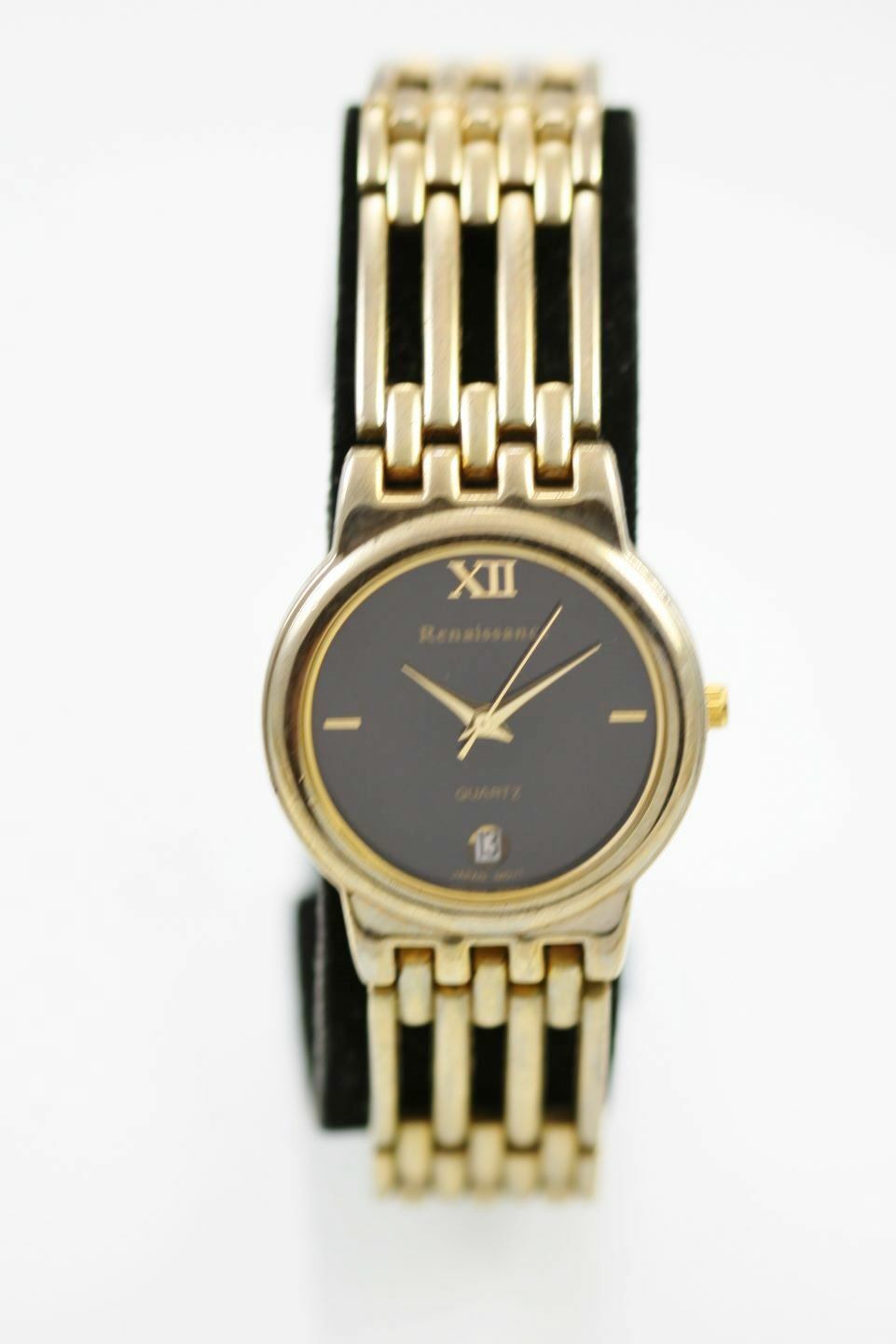 Renaissance Watch Men Stainless Steel Gold Water Res Battery Black Date ...