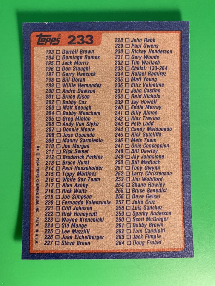 1984 Topps Checklist: 133-264 CL #233 | eBay