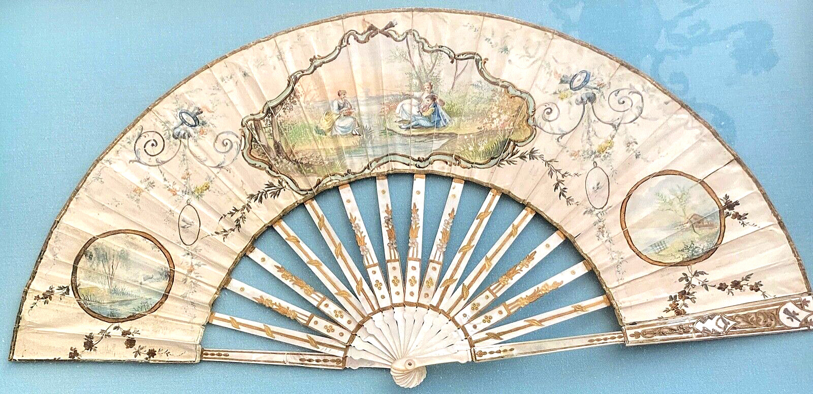 Antique 18th to 19th C Hand Painted Paper Fan Pearl S… - Gem