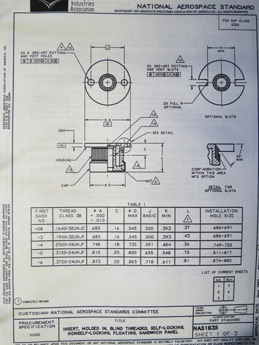 NAS1835-3 Honeycomb Insert, Sandwich Panel National Aerospace Standard ...