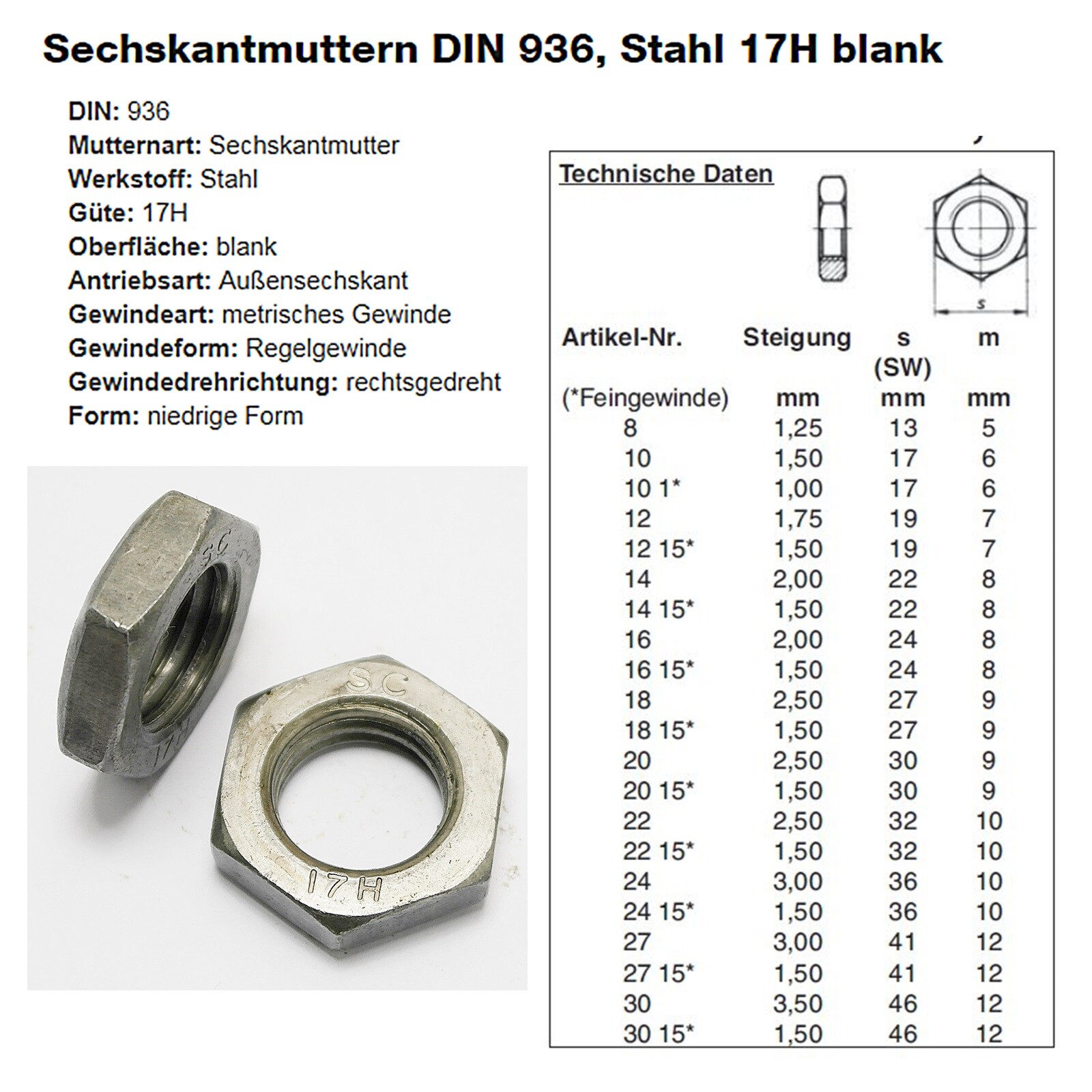 Sechskantmuttern niedrige Form, teilw. Feingewinde, Muttern | eBay
