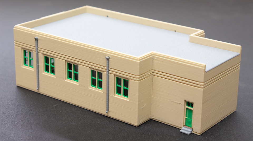 3D printed N scale model Art Deco municipal building. Desert tan with ...