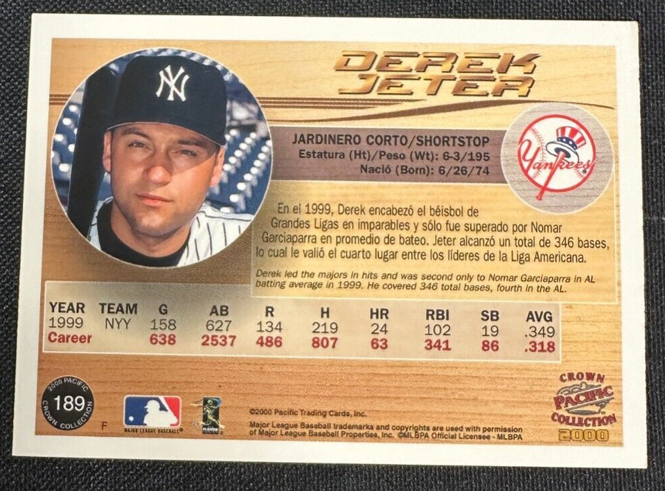 2000 Pacific Crown Collection Baseball Card Derek Jeter #189 nrmt-mint ...