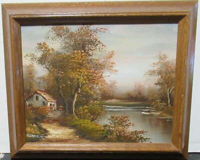 I CAFIERI SMALL ORIGINAL OIL ON CANVAS RIVER CABIN LANDSCAPE PAINTING ...