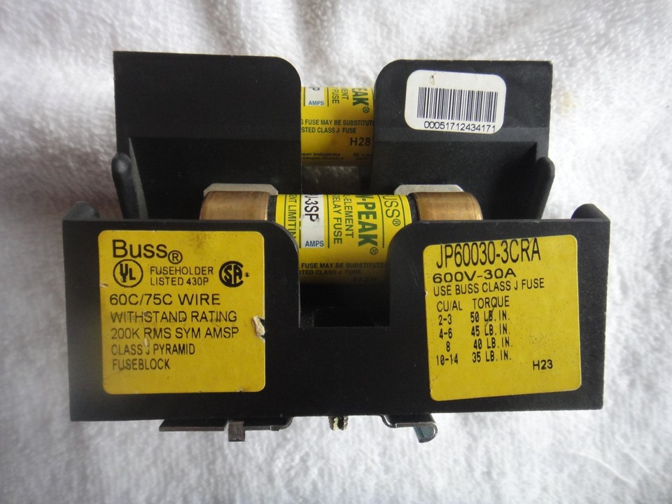 BUSS Fuse Block Holder 600V 30A JP60030-3CRA w/ Fuse LPJ-3SP | eBay
