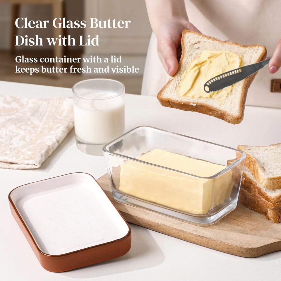 Glass Butter Dish with Ceramic Lid, Large Butter Container for 3 Sticks ...
