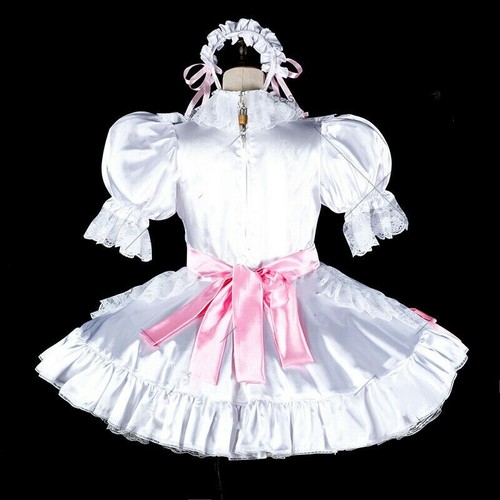 Sissy Maid White Satin Dress Lockable Uniform Cosplay Costume Set