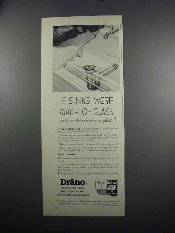 1949 Drackett Co. Drano Ad - If Sinks Were of Glass | eBay