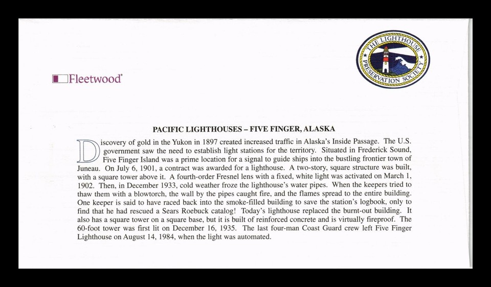 DR JIM STAMPS US COVER FIVE FINGER ALASKA PACIFIC LIGHTHOUSES FDC ...