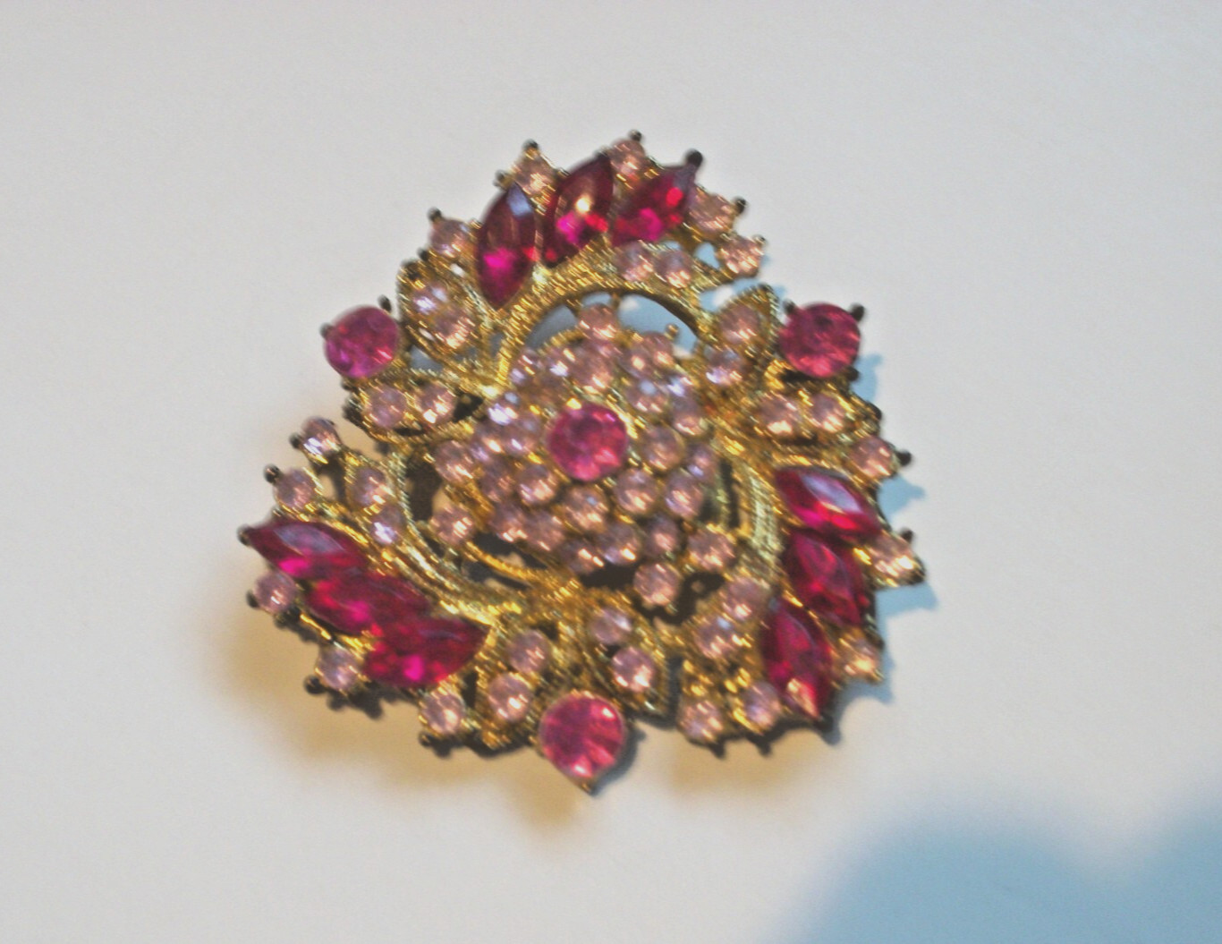 Antique Pink Ruby Rhinestone Filigree Gold-tone Brooc… - Gem