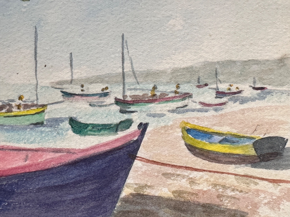 Ancienne aquarelle Gabrielle Bellocq vers 1960 Bateaux port Bretagne ...