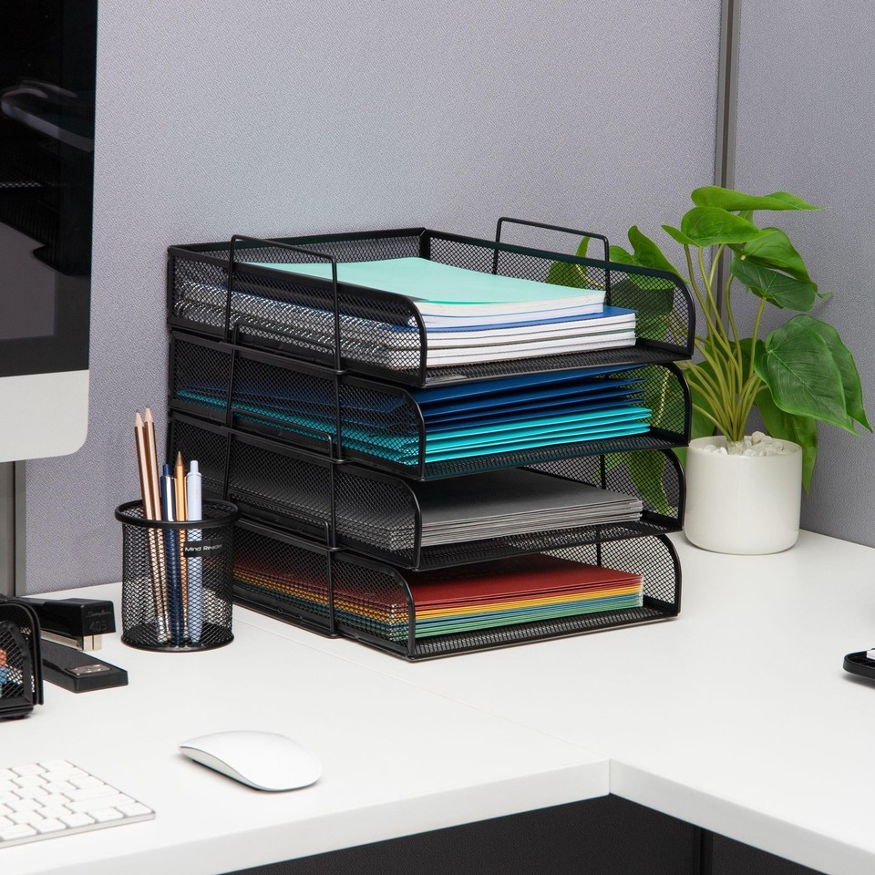 Stackable Paper Tray Desktop Organizer File Storage Office Metal Mesh ...