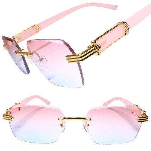 Diamond Edge Cut Lens Rectangle Retro Rimless Rapper DJ Fashion Pink ...