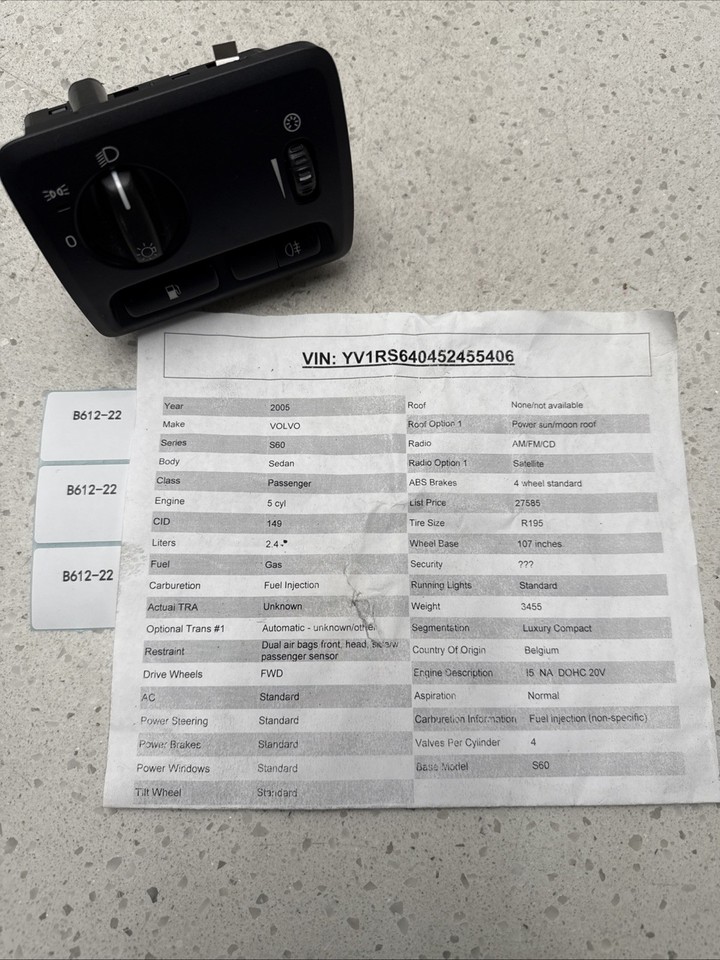 2001-2009 Volvo S60 XC70 V70 Fuel Headlight Fog light Control Switch | eBay