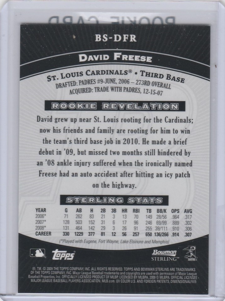 DAVID FREESE ROOKIE CARD 2009 Bowman Sterling Baseball RC St. Louis ...