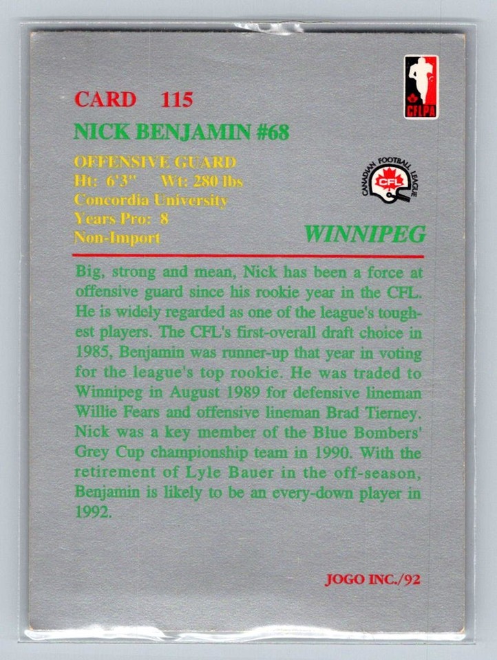 Nick Benjamin #115 1992 JOGO Winnipeg Blue Bombers | eBay