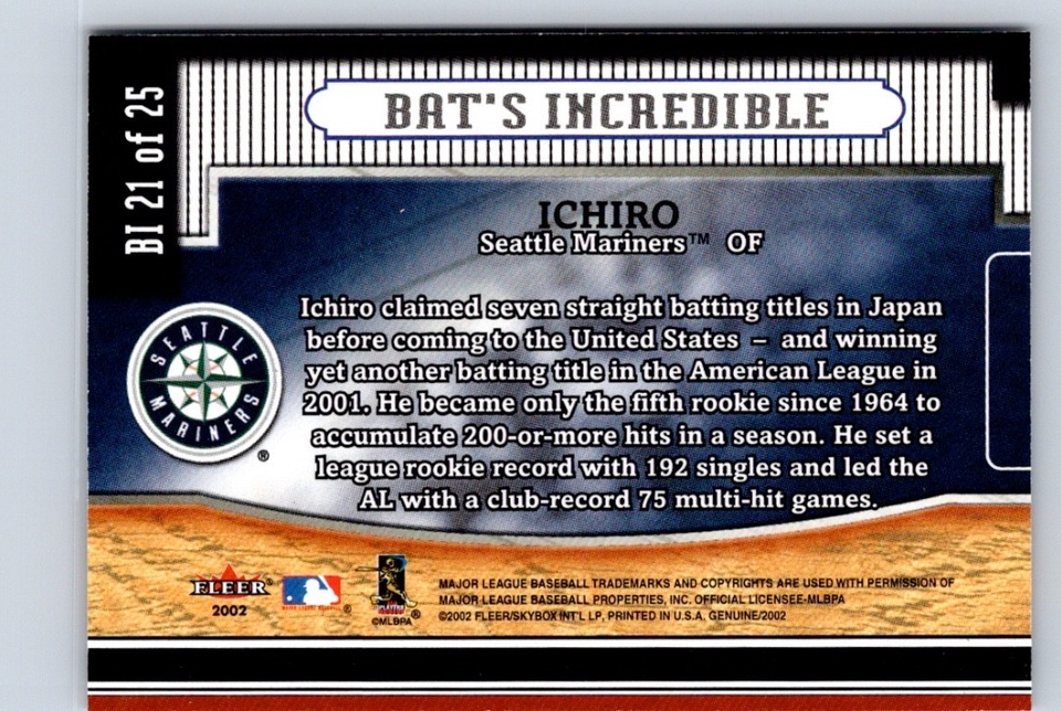 2002 FLEER GENUINE BAT'S INCREDIBLE ICHIRO SUZUKI #BI 21 SEATTLE ...