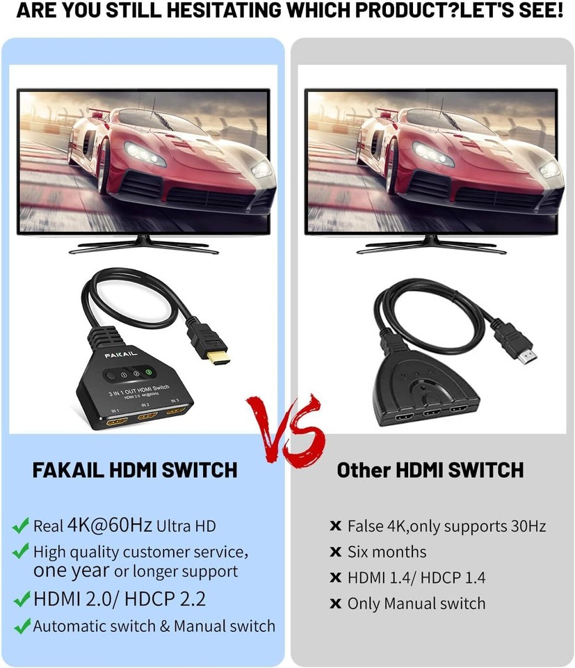 2025 Upgrade 4K HDMI Switch 3 in 1 Out 3 Port HDMI Hub for PS4/5 Xbox ...