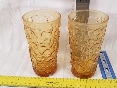 2 Vtg Mid Century Anchor Hocking Amber Lido Milano Glasses Tumblers ...