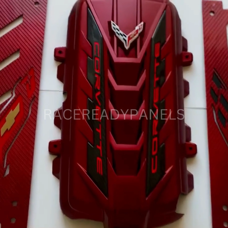 2020/24 CORVETTE ENGINE COVER EDGE RED SILVER EMBLEM CARBON FIBER ...