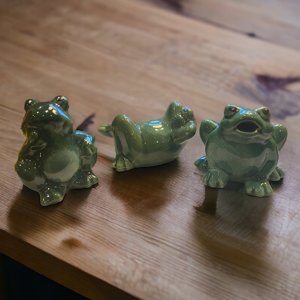 Set of 3 Adorable Decorative FROGS 3 Poses Green Glazed Ceramic about 3 ...