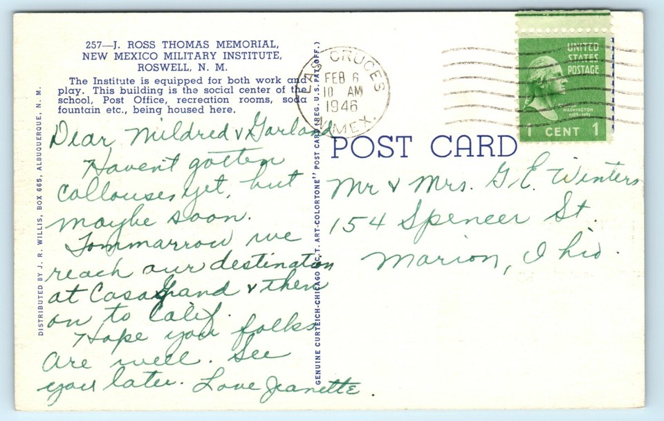 POSTCARD Ross Thomas Memorial New Mexico Military Institute Roswell NM ...