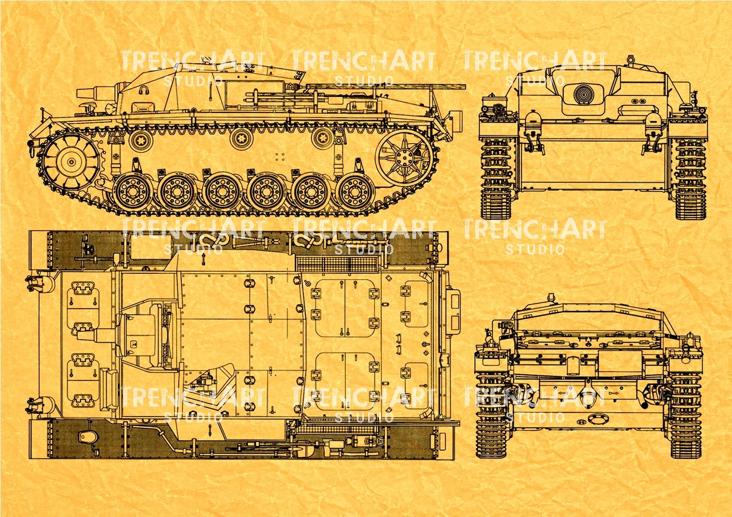 WWII Blueprint StuG III assault gun patent print poster drawing ...