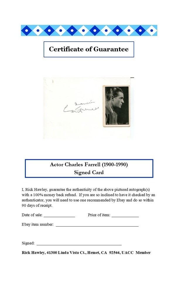 Charles Farrell Autograph Signed Card Silent Movie Actor My Little ...